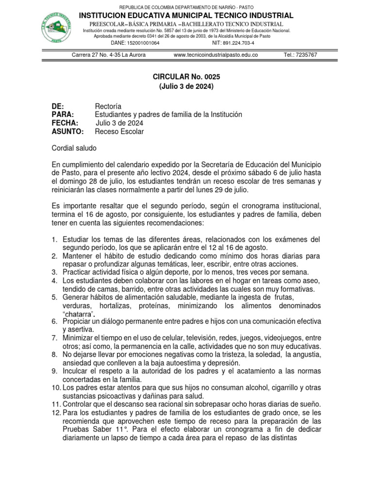 025 - Receso Estudiantil 8 Al 28 de Julio. | PDF