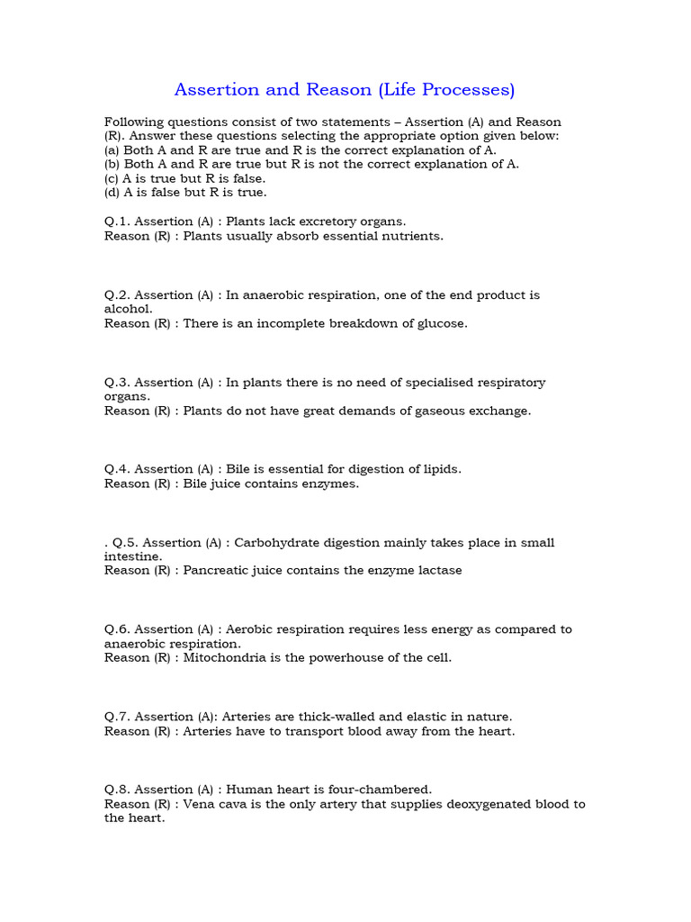 Assertion and Reason Questions For Class 10 Science Chapter 6 Life ...