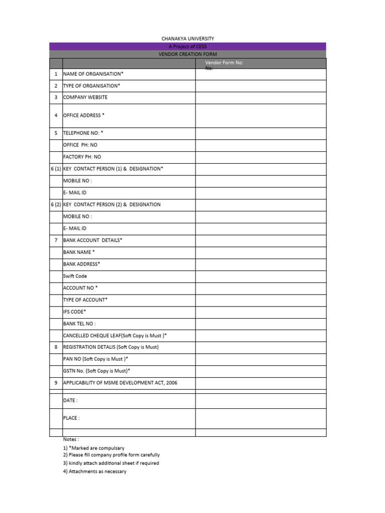 Vendor Creation Form Template | PDF