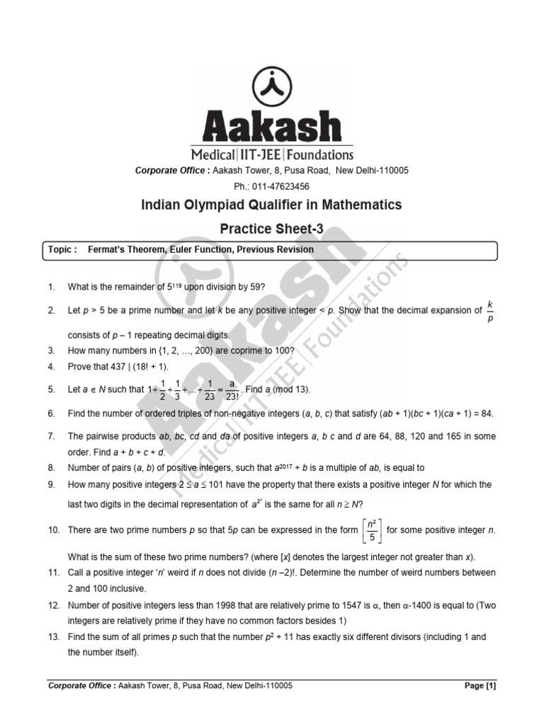 IOQM - Practice Sheet-3 - (Only Que.) | PDF | Prime Number | Elementary ...