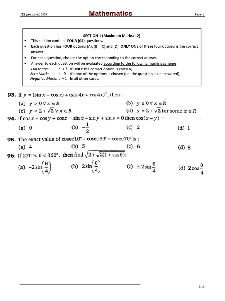 JEEAdv2024 Paper1 English | PDF | Matrix (Mathematics) | Zero Of A Function