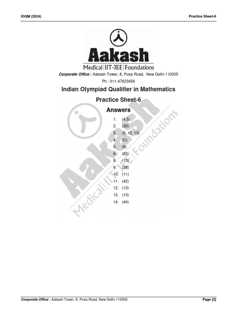 IOQM - Practice Sheet-6 - (Answer Key & Sol.) | PDF | Classical ...