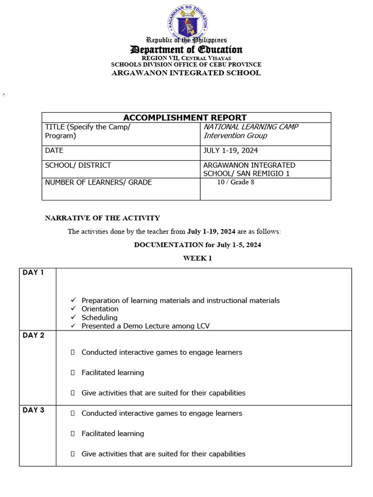 Daily Accomplishment Report Template Pdf Learning Teachers