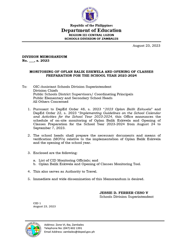 Oplan Balik Eskwela 2023 Memo 2 | PDF