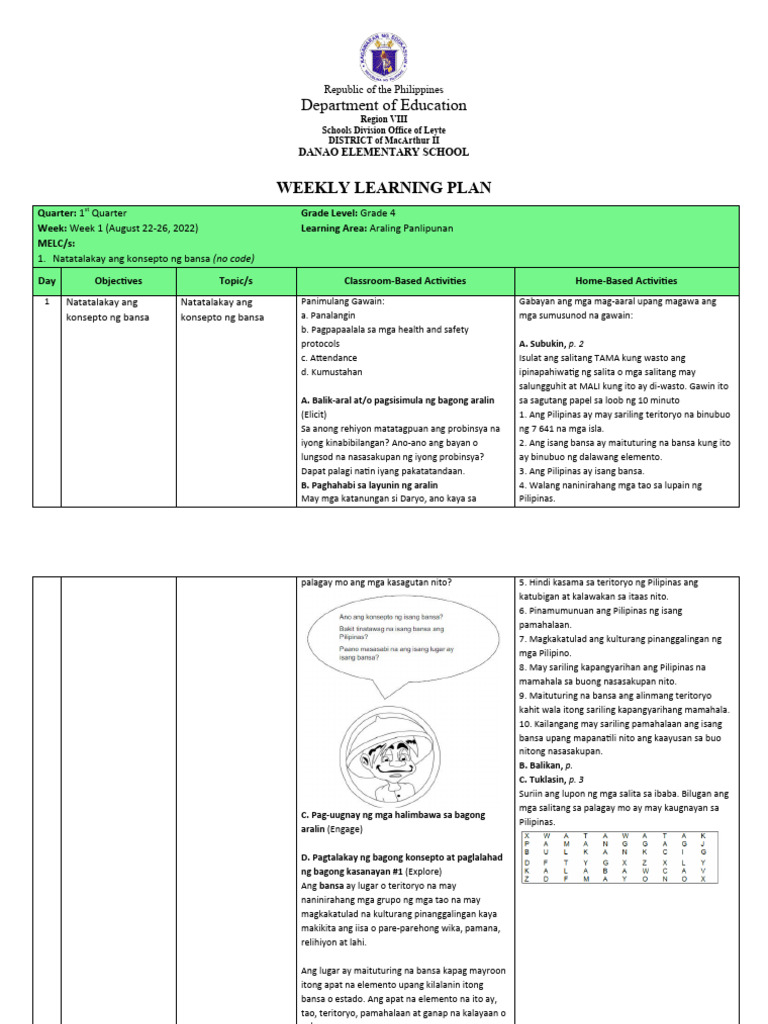 AralPan4 WLP Q1 Week1 Aug22-26 2022 | PDF