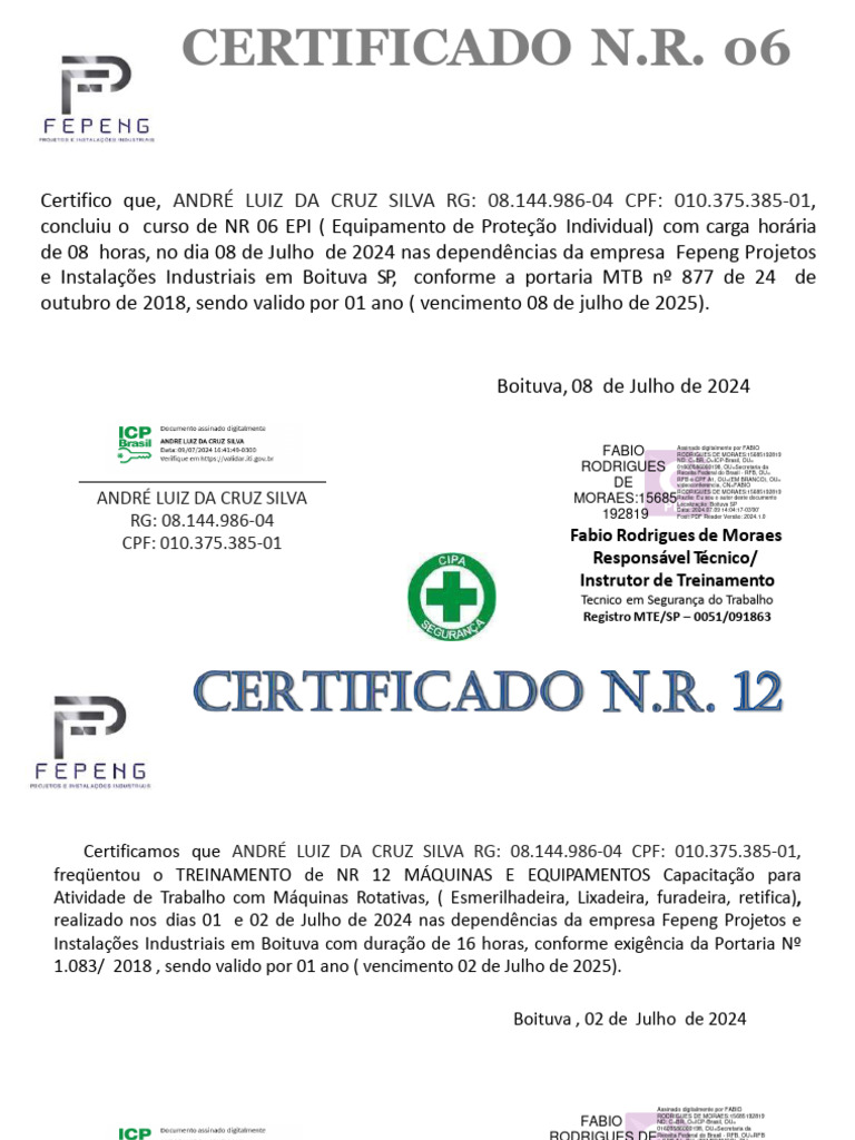 Certificados de Treinamento NR para André Luiz da Cruz Silva | PDF | Brasil