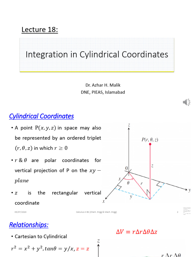 Lecture 18 Cylindrical Coordinates Pdf Integral Mathematical