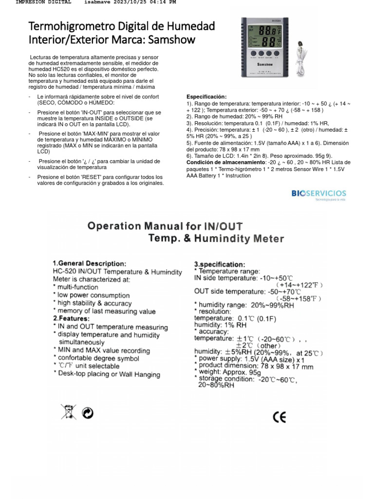 MANUAL Termohigrometro | PDF