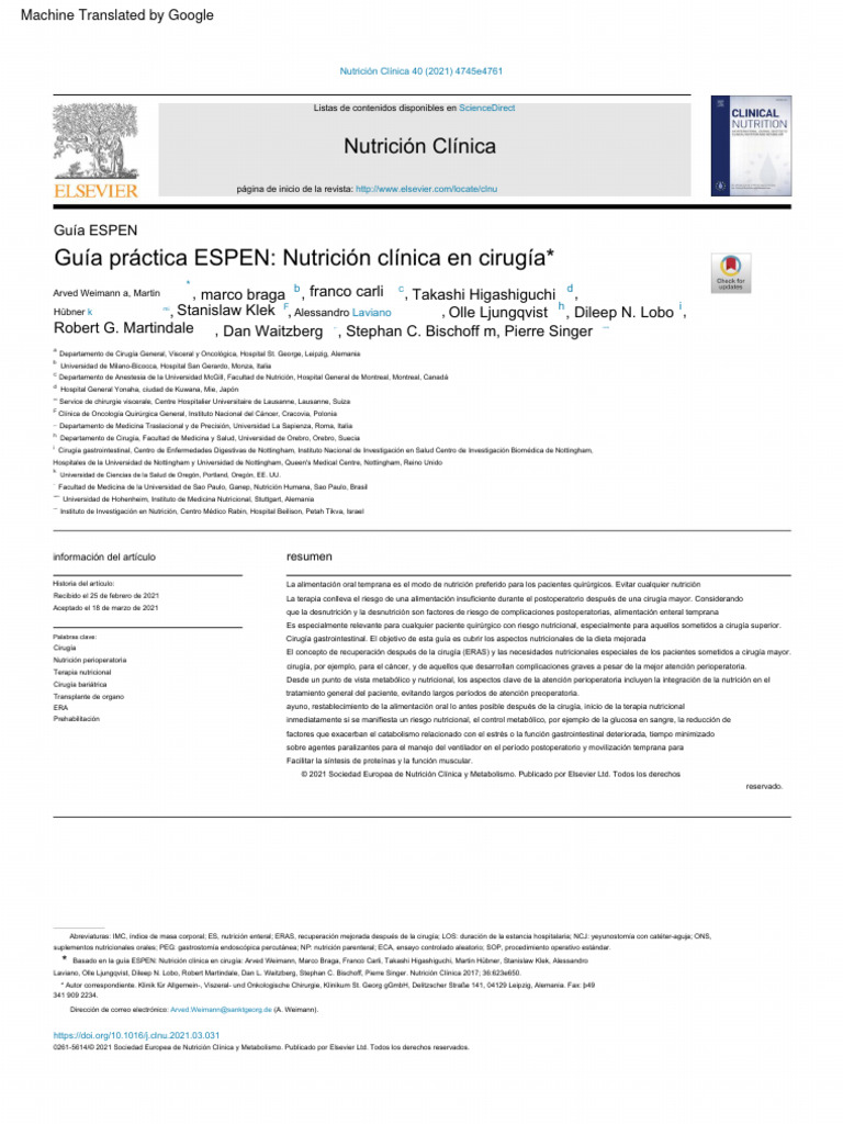 ESPEN Practical Guideline Clinical Nutrition in Surgery TRADUCIDO | PDF | Nutrición | Dieta y ...