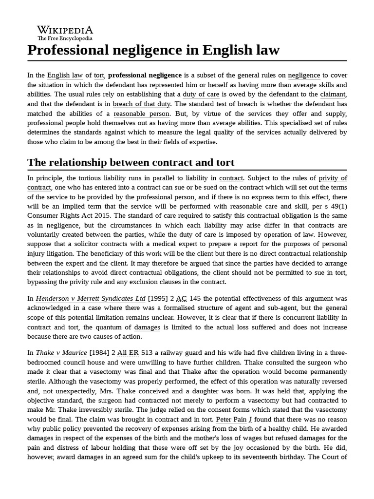 9.7. Wikipedia Professional Negligence in English Law | PDF ...