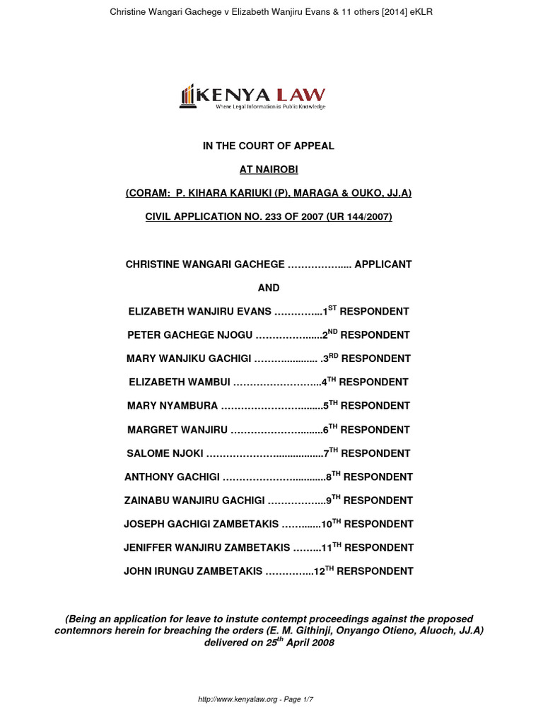 18.5. Christine Wangari Gachege V Elizabeth Wanjiru Evans & 11 Others (2014) EKLR | PDF ...
