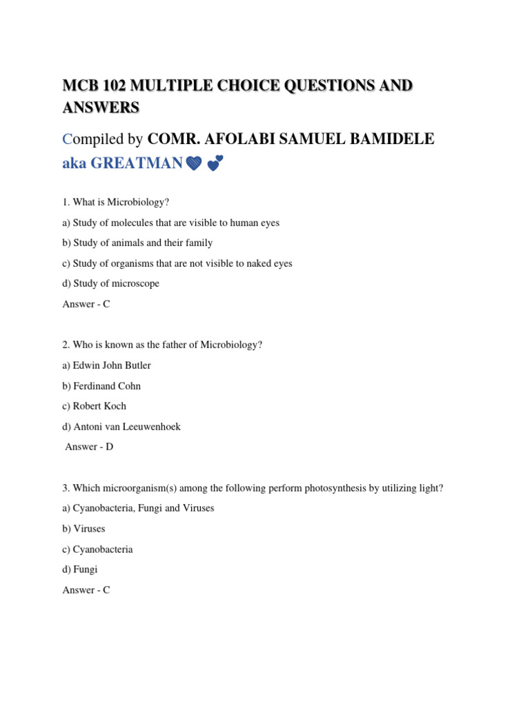 MCB 102 Multiple Choice by GREATMAN | PDF | Bacteria | Cell (Biology)