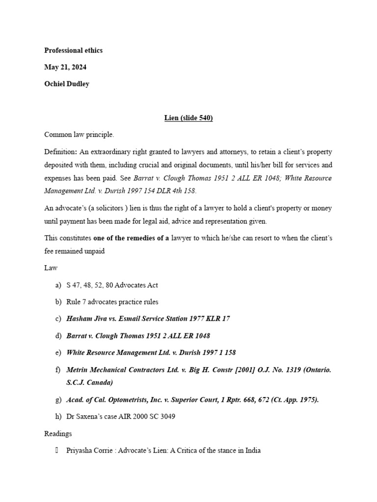 Professional Ethics May 21, 2024 Lien | PDF | Lien | Advocate