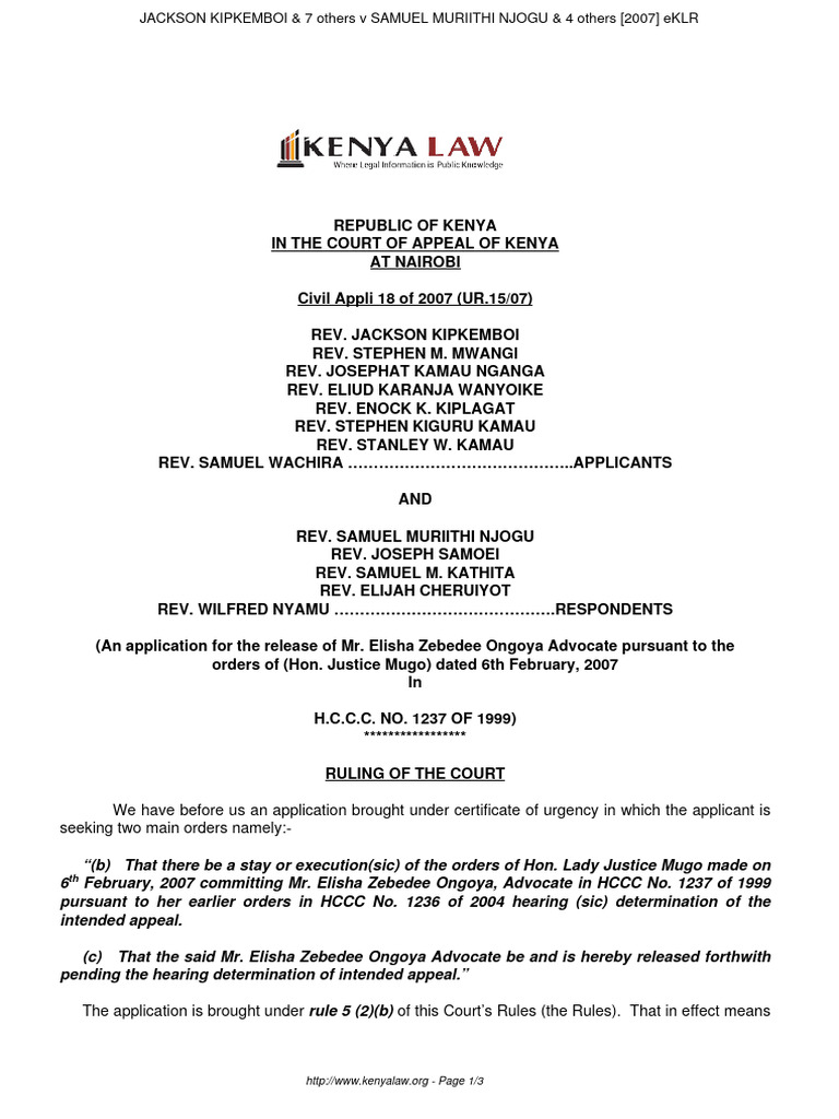 18.4. Jackson Kipkemboi & 7 Others V Samuel Muriithi Njogu & 4 Others (2007) Eklr | PDF ...