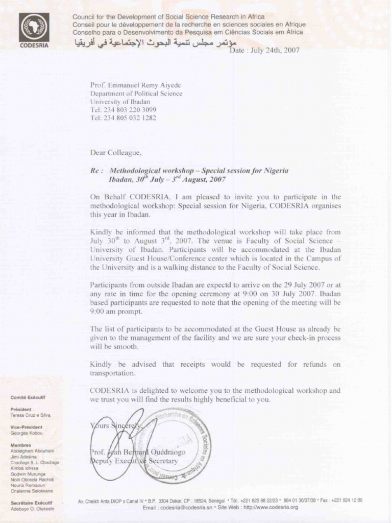 Invitation Letter CODESRIA | PDF