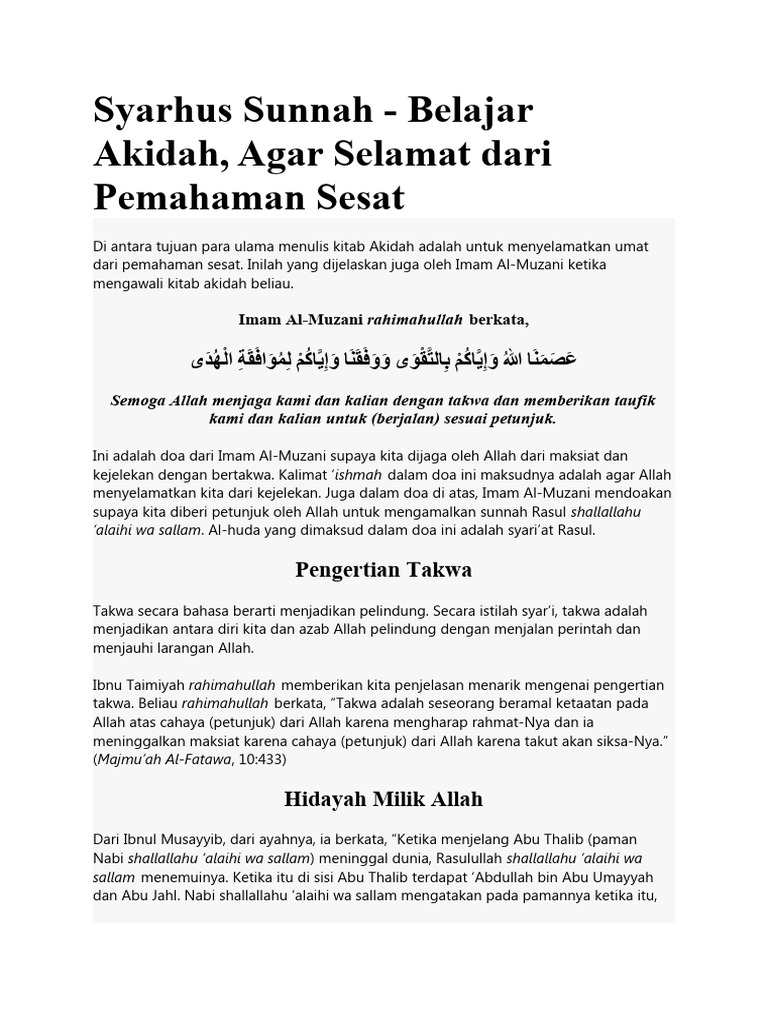 Syarhus Sunnah - Belajar Akidah, Agar Selamat Dari Pemahaman Sesat | PDF