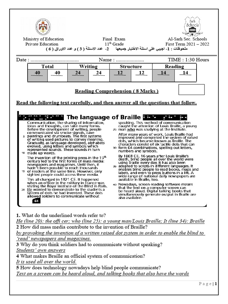 اختبار نهاية الفصل الثاني اول ثانوي.docx22 | PDF | Human Communication