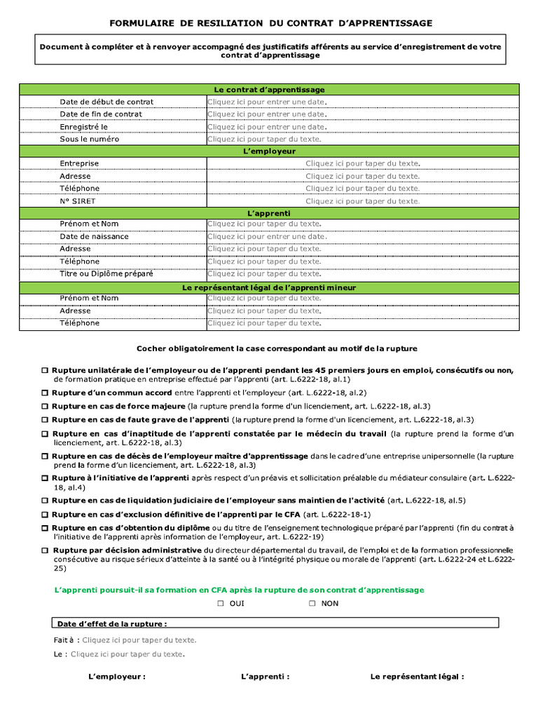 Formulaire de Rupture Contrat Apprenti - Mai 2022 | PDF