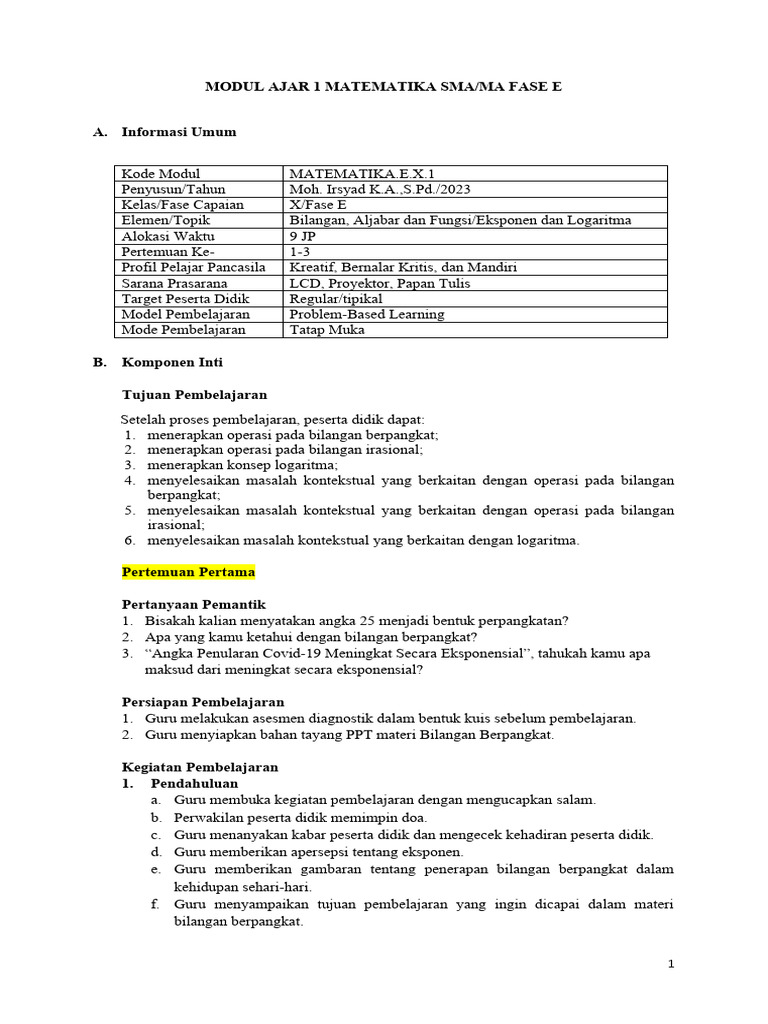 Modul Ajar 1 Eksponen Dan Logaritma | PDF | Karier & Perkembangan ...
