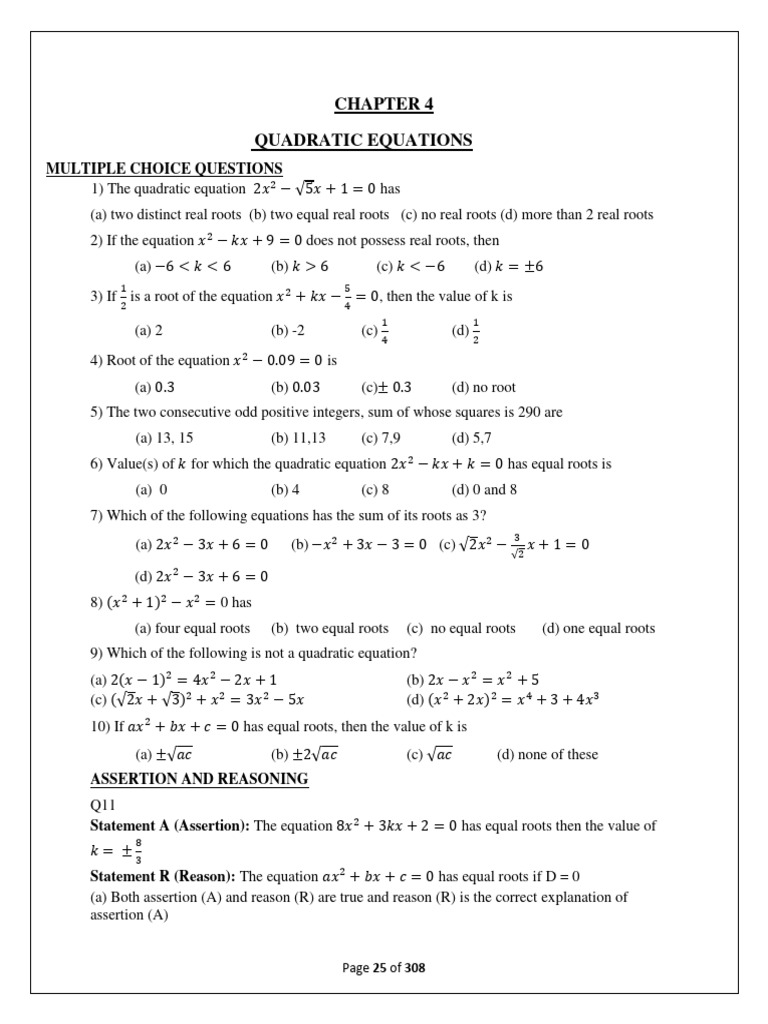 Quadratic Equations MCQs & Problems | PDF | Quadratic Equation | Equations