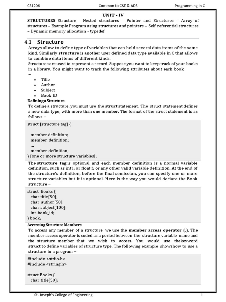 4.1 Structure: Unit - Iv STRUCTURES Structure - Nested Structures - Pointer and Structures ...