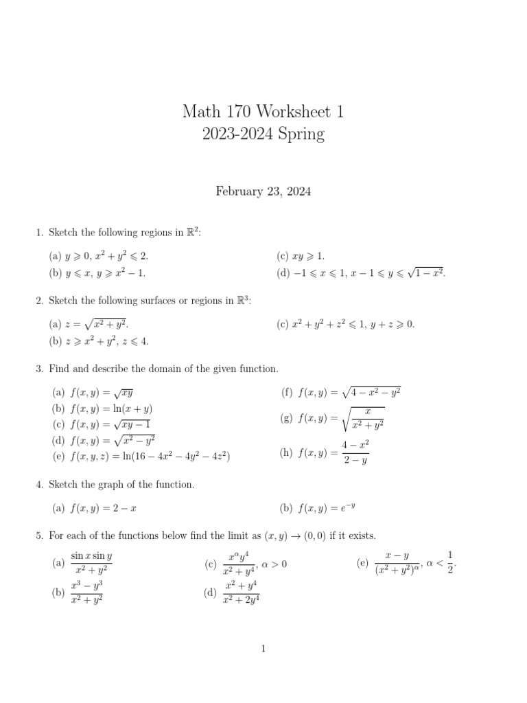 Math 170-Worksheet 1 | PDF