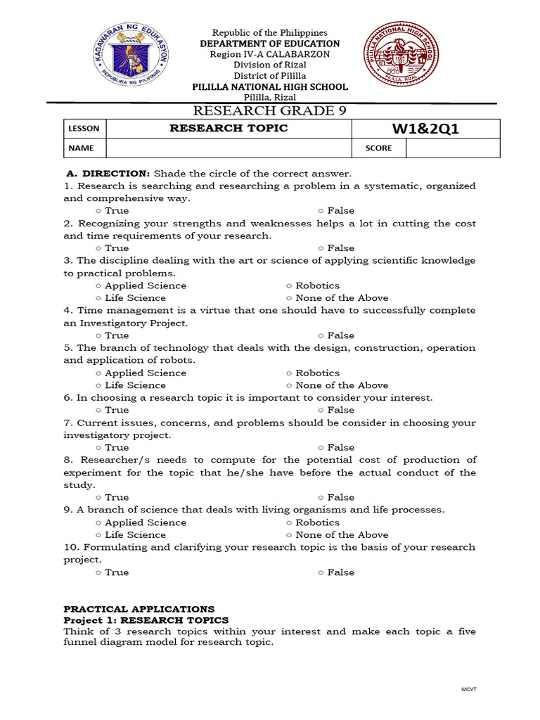 WEEK1and2Q1 RESEARCH G9 LEARNING TASKS | PDF | Science | Cognitive Science