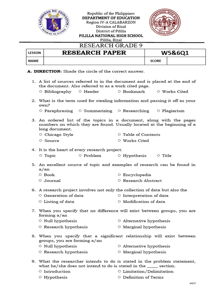 WEEK5and6Q1 RESEARCH G9 LEARNING TASKS | PDF | Definition | Hypothesis