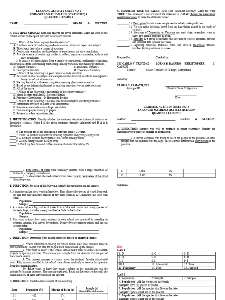 Learning Activity Sheet (Statistics) | PDF | Statistics | Sampling ...