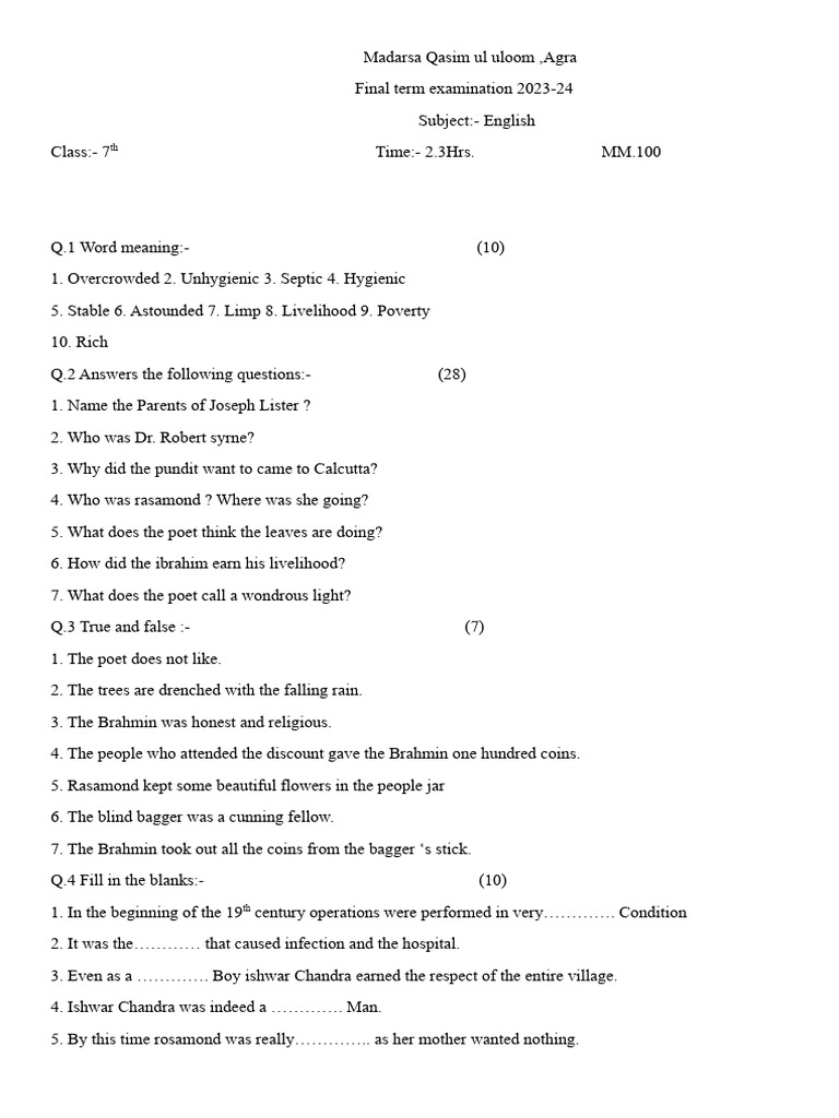 7th Grade English Exam 2023-24 | PDF