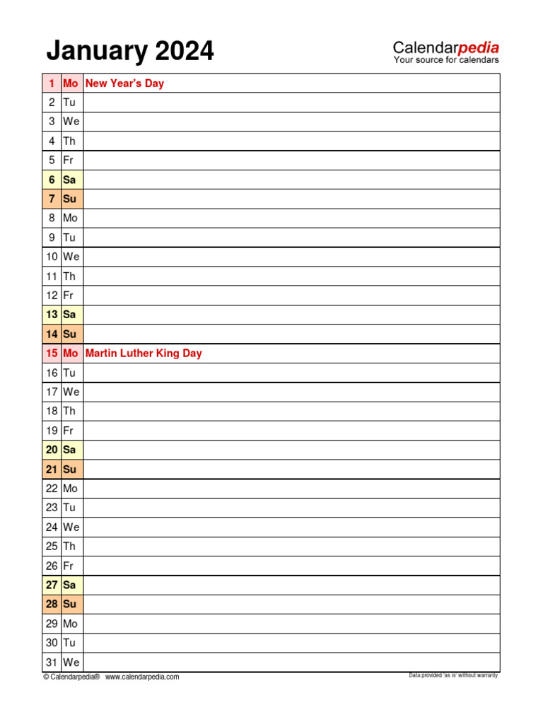 January 2024 Calendar Portrait Days Vertically | PDF