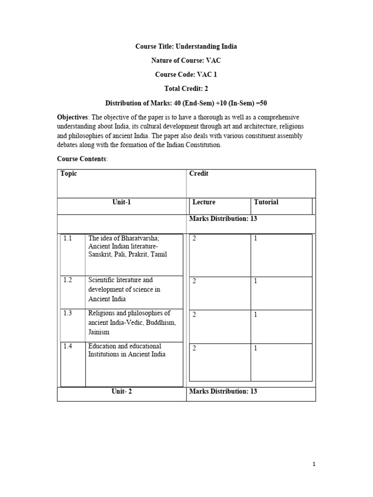 Understanding India: VAC 1 Course Overview | PDF
