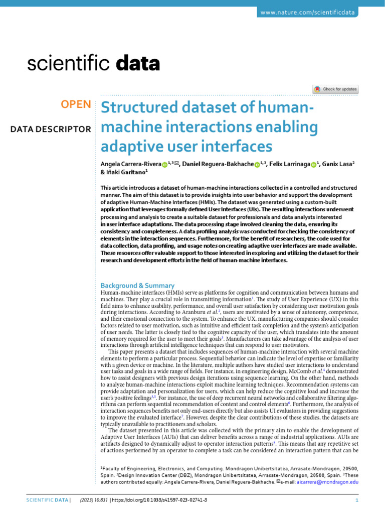 Structured Dataset of Human-Machine Interactions Enabling Adaptive User Interfaces | PDF | Human ...