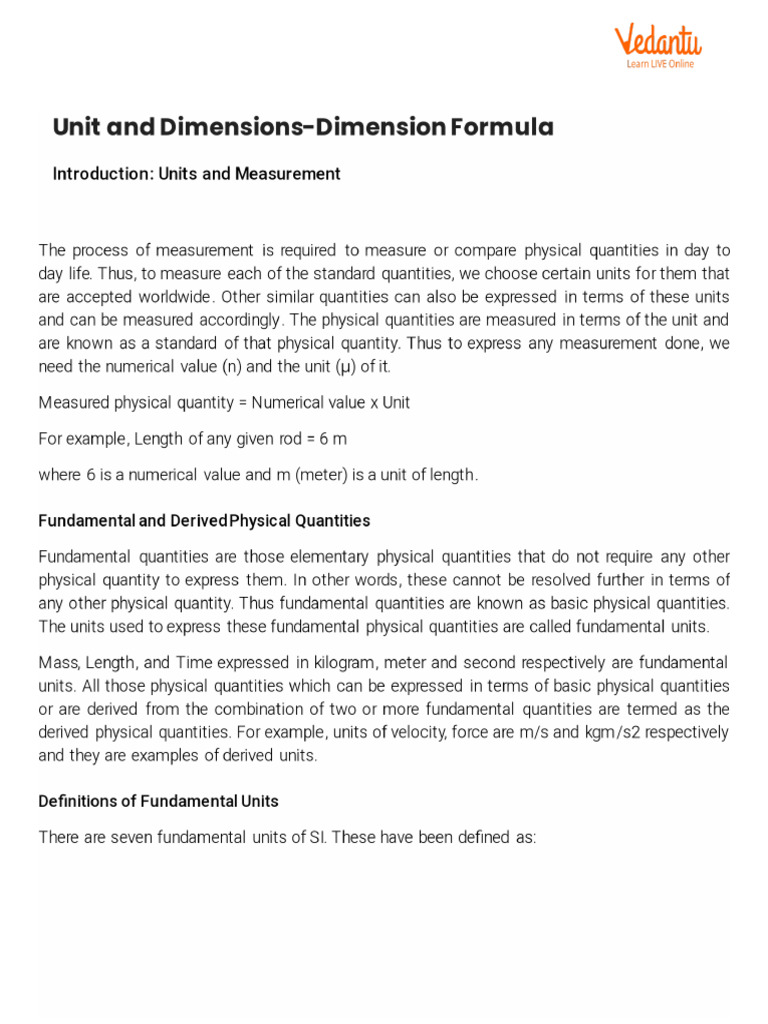 Unit and Dimensions-Dimension Formula | PDF