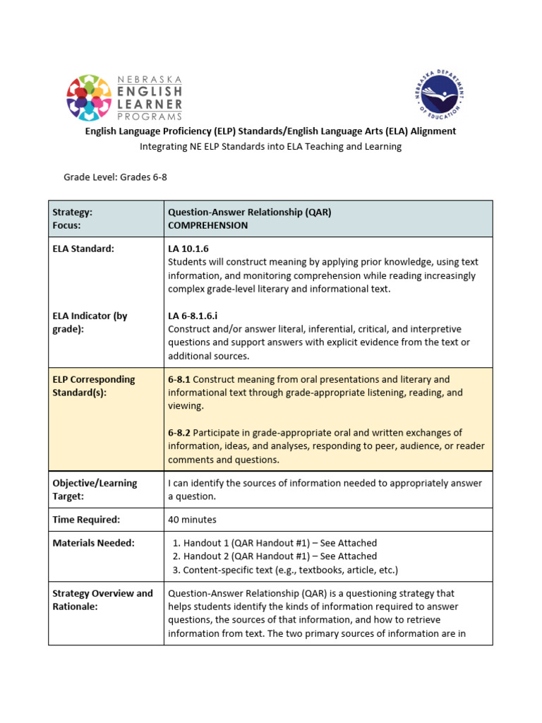 6_8-QAR | PDF | Reading Comprehension | Behavior Modification
