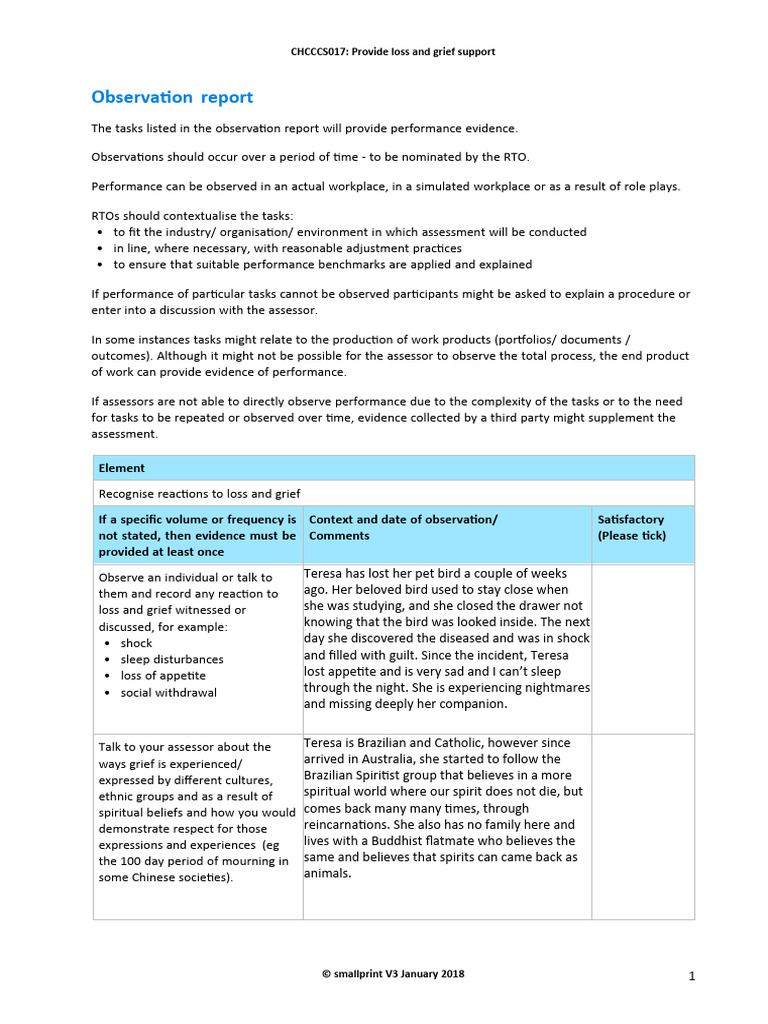 CHCCCS017_observation_report | PDF | Grief | Social Psychology