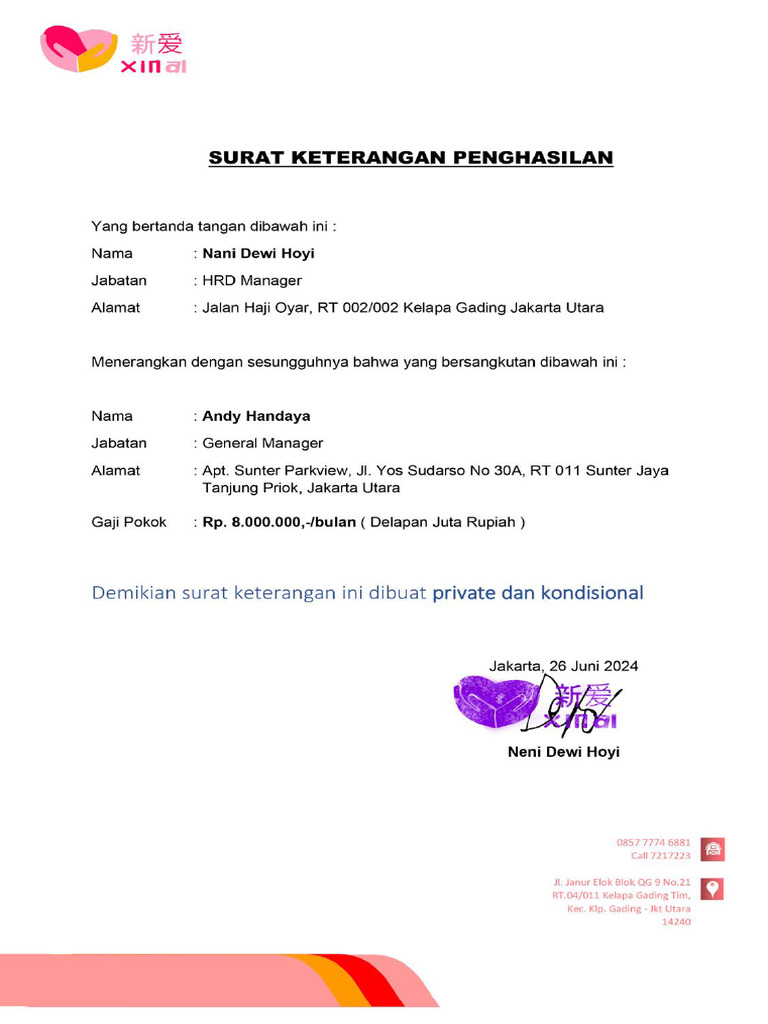 Keterangan Penghasilan Andy Handaya | PDF