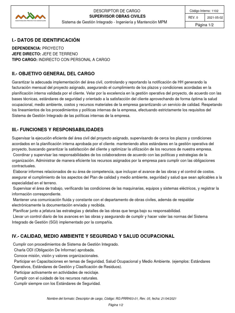 Descriptor - Cargo - SUPERVISOR OBRAS CIVILES | PDF | Business | Planificación