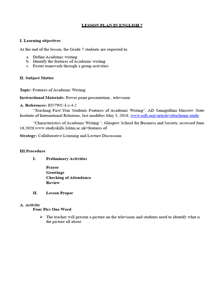 Lesson plan ( academic writing) | Download Free PDF | Lesson Plan ...