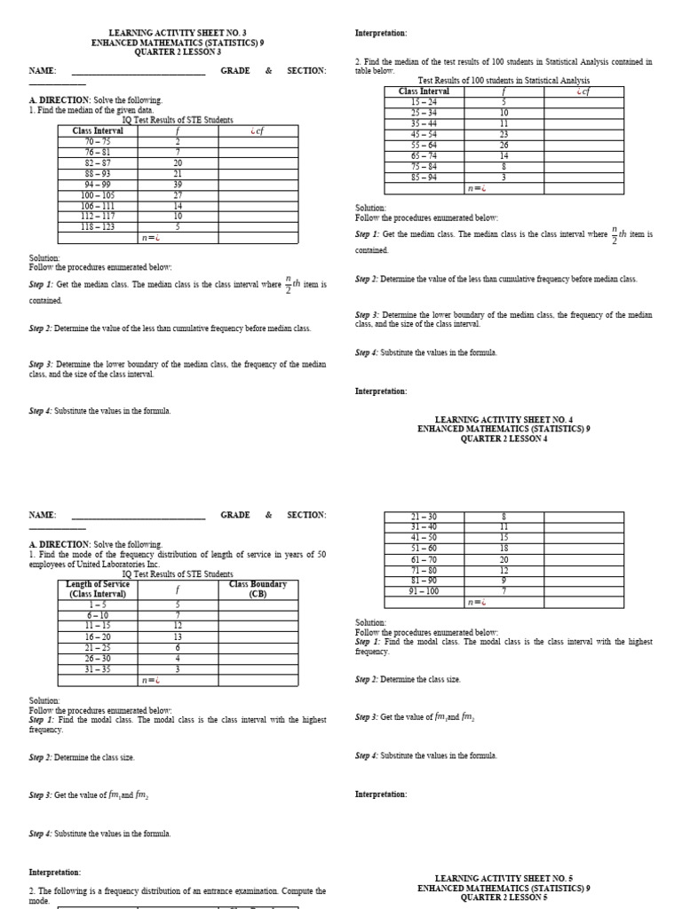 Q2 - Learning Activity Sheet No 3 - 6a | PDF | Median | Statistics