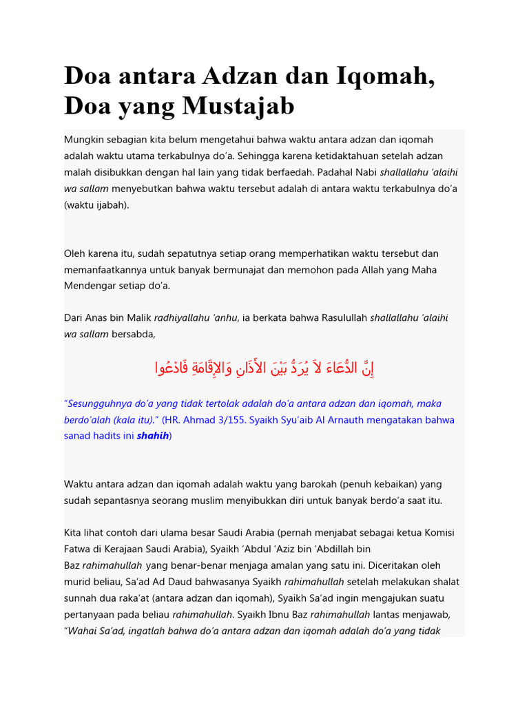 Doa Antara Adzan Dan Iqomah | PDF