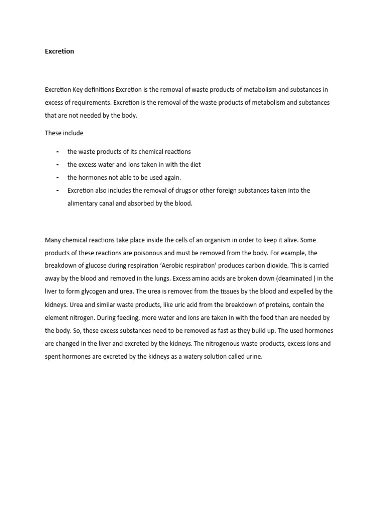 BIOLOGY NOTES Excretion | PDF | Kidney | Excretion