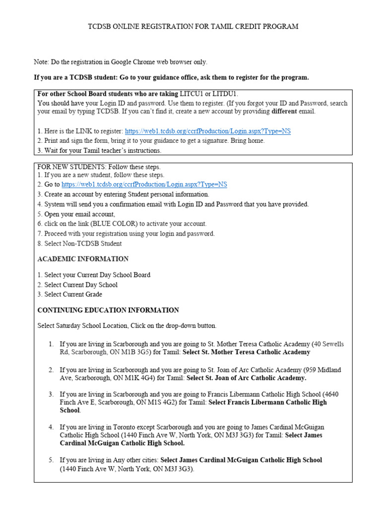 TCDSB Online Registration For Tamil Credit Program | PDF