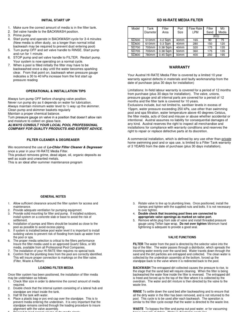 Austral Pool Filter Operation Guide | PDF | Filtration | Pump
