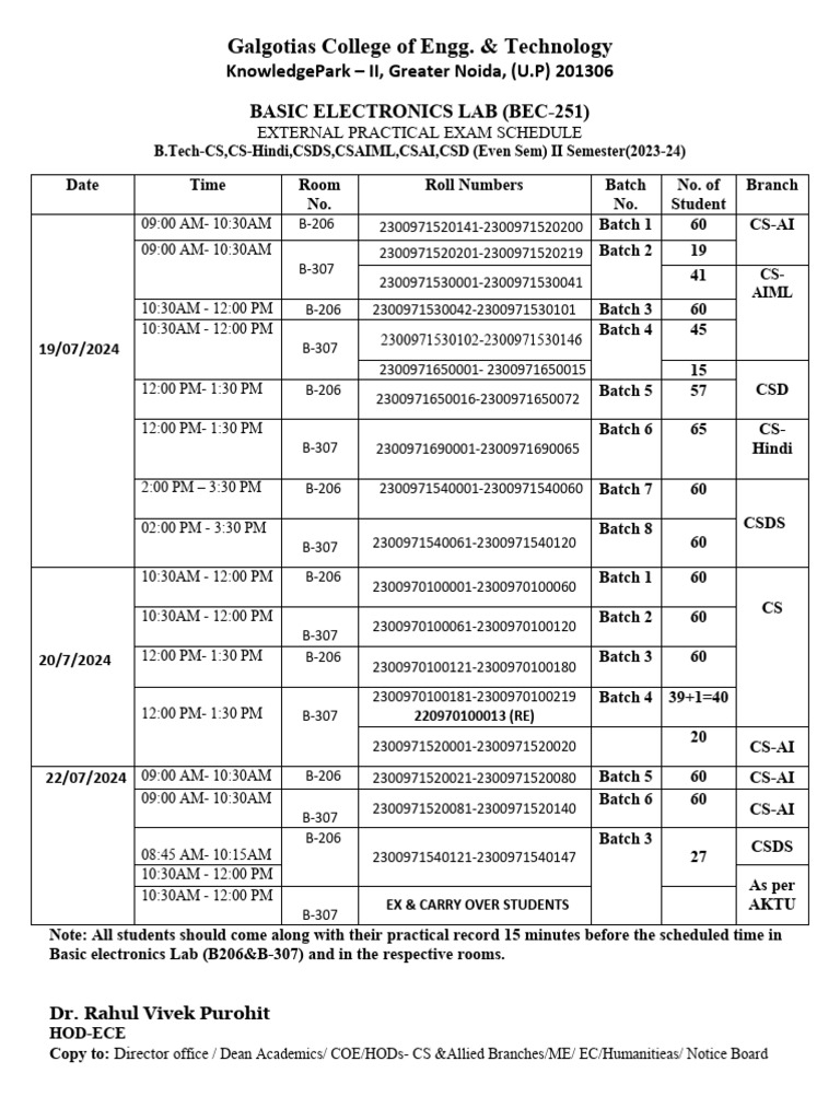 final External practical schedule for Electronics Lab Odd sem 2023-24 | PDF