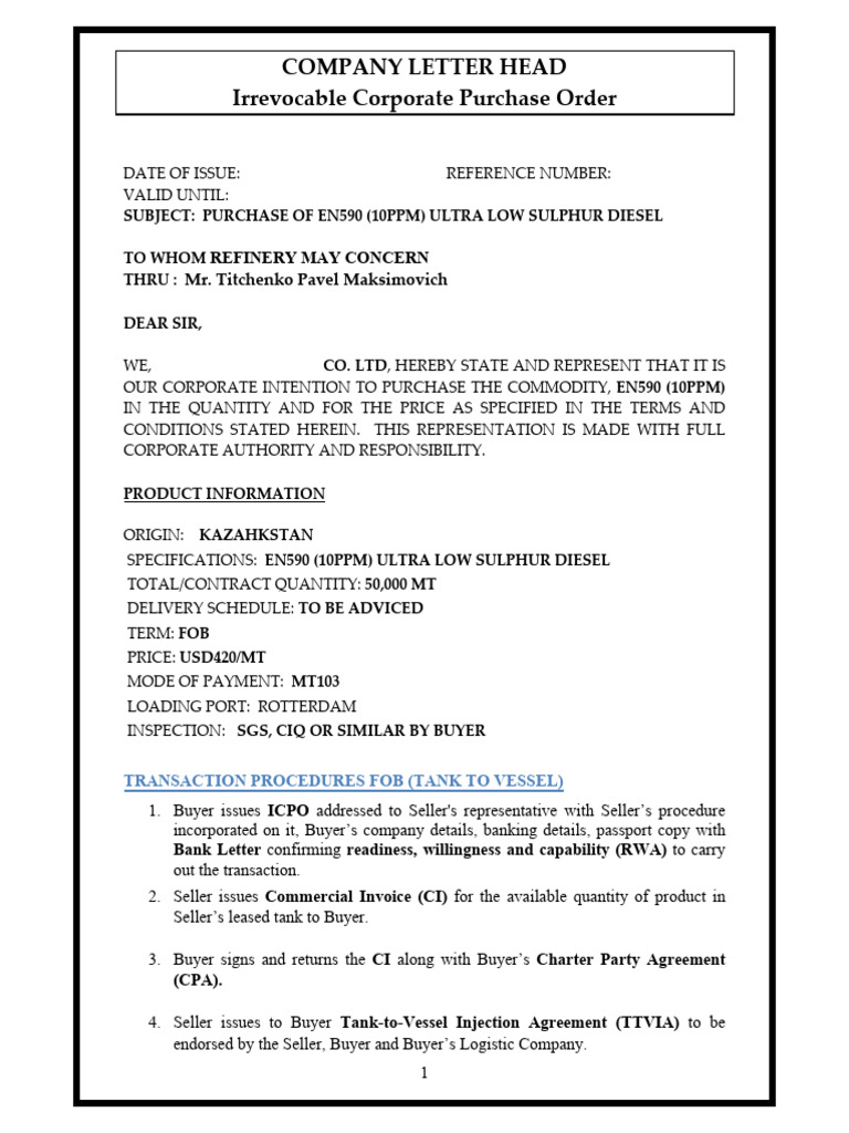Option 3 Draft Icpo Fob Rotterdam - En590 (10PPM) - Tank To Vessel ...