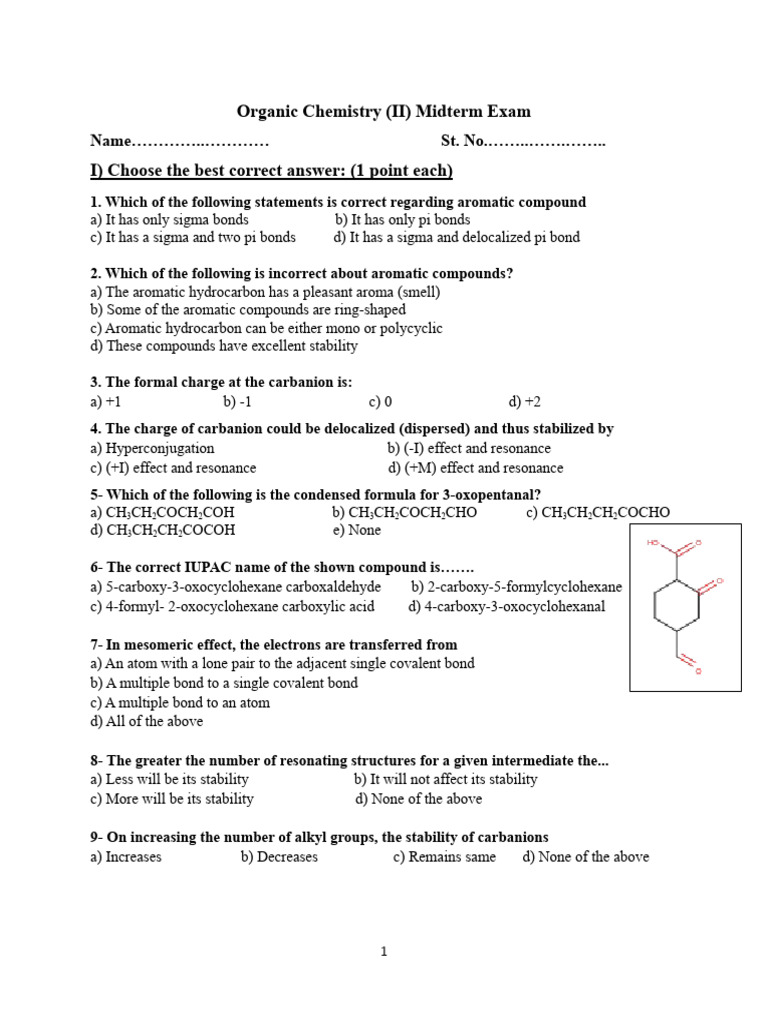Organic Chemistry-2 - Midterm Exam | PDF | Chemical Bond | Aromaticity