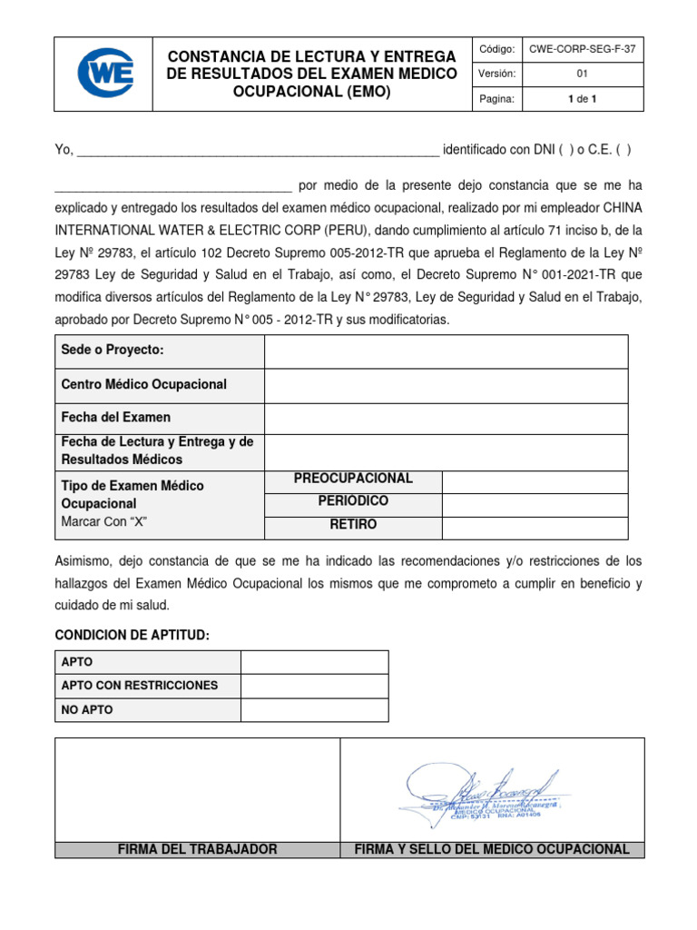 Cwe-Corp-Seg-F-37 Constancia de Resultados de Emos | PDF