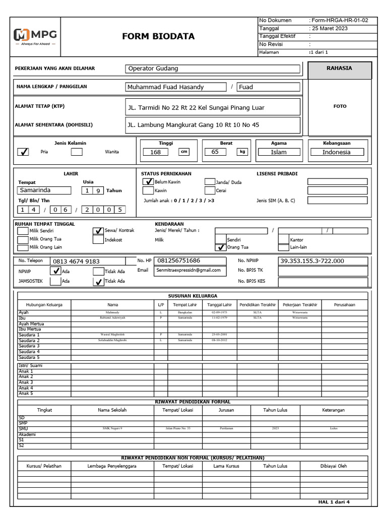 Form Biodata MPG Revised | PDF