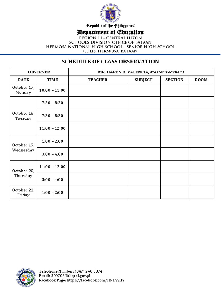 Schedule of Class Observation | PDF